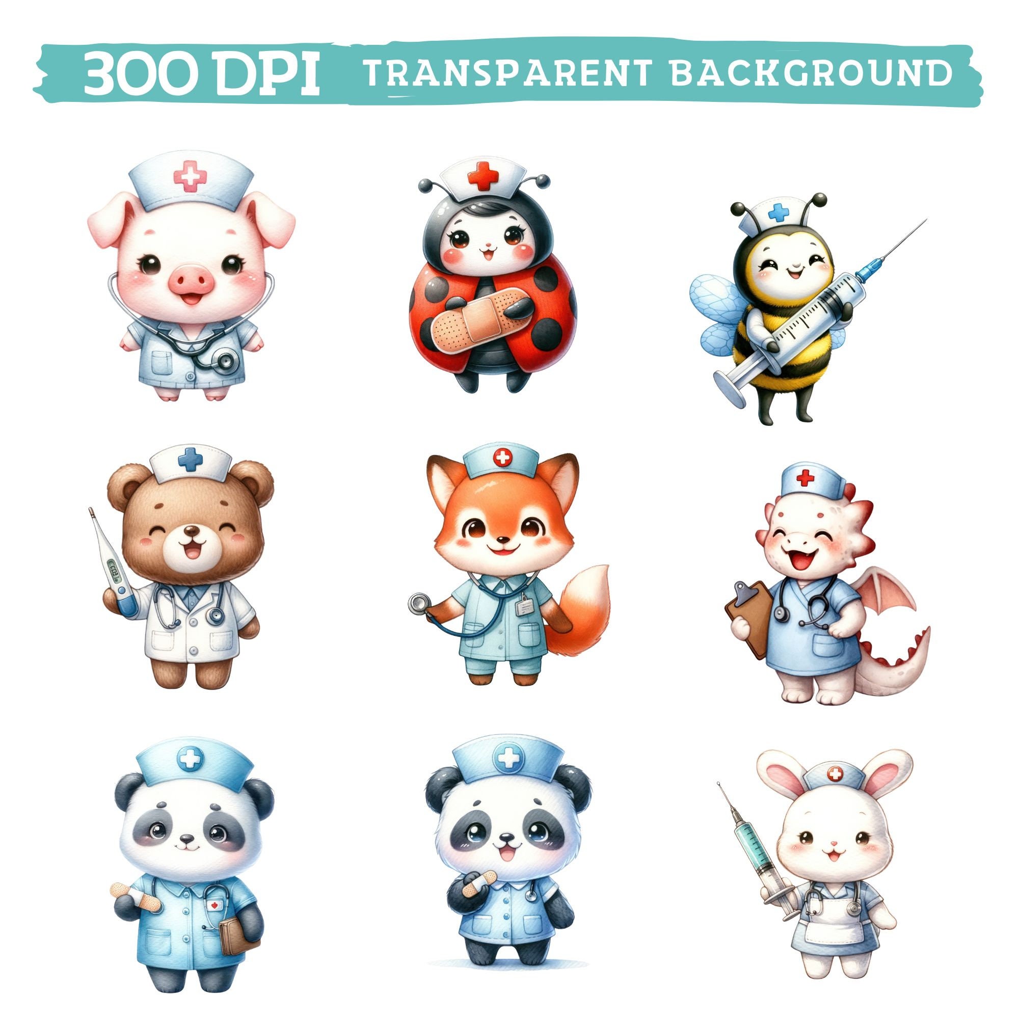 Nurse Animals Clipart, Watercolor Cute Nursing Doctor Baby Animal ...