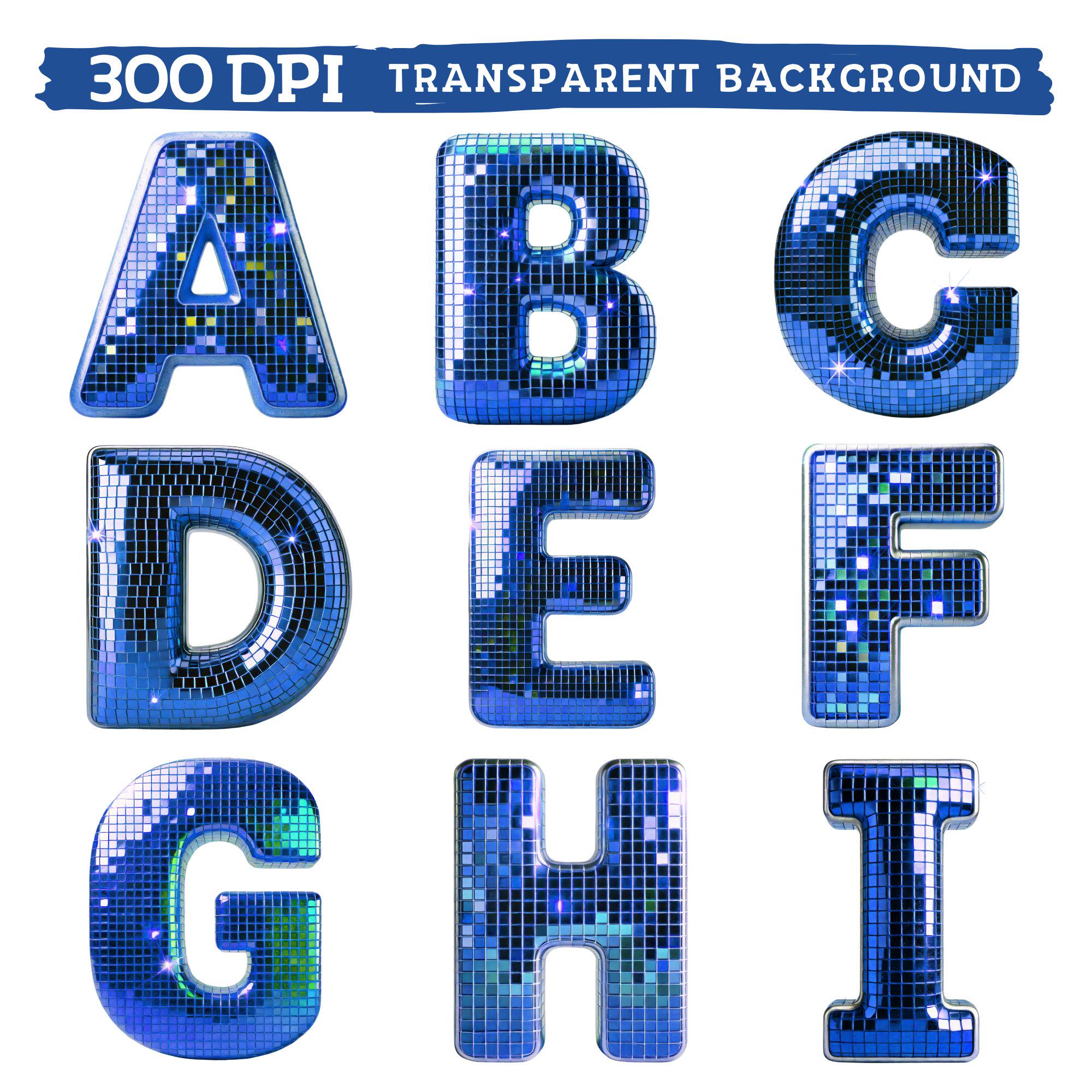 Retro Disco Alphabet Clipart, Blue Shiny Mirror Ball Letters & Numbers ...