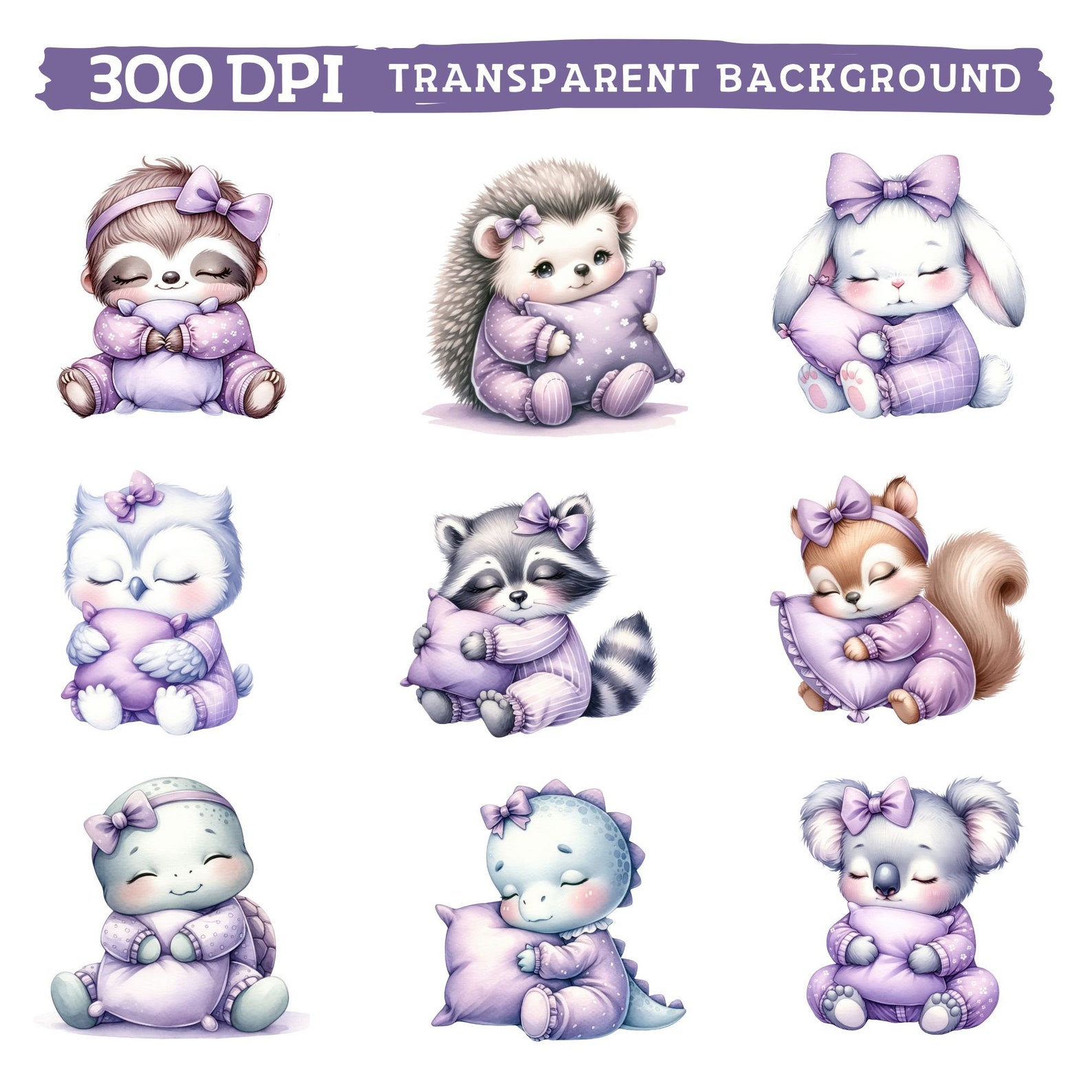 Watercolor Cute Lilac Sleepy Animals Clipart, Purple Sleeping Baby ...