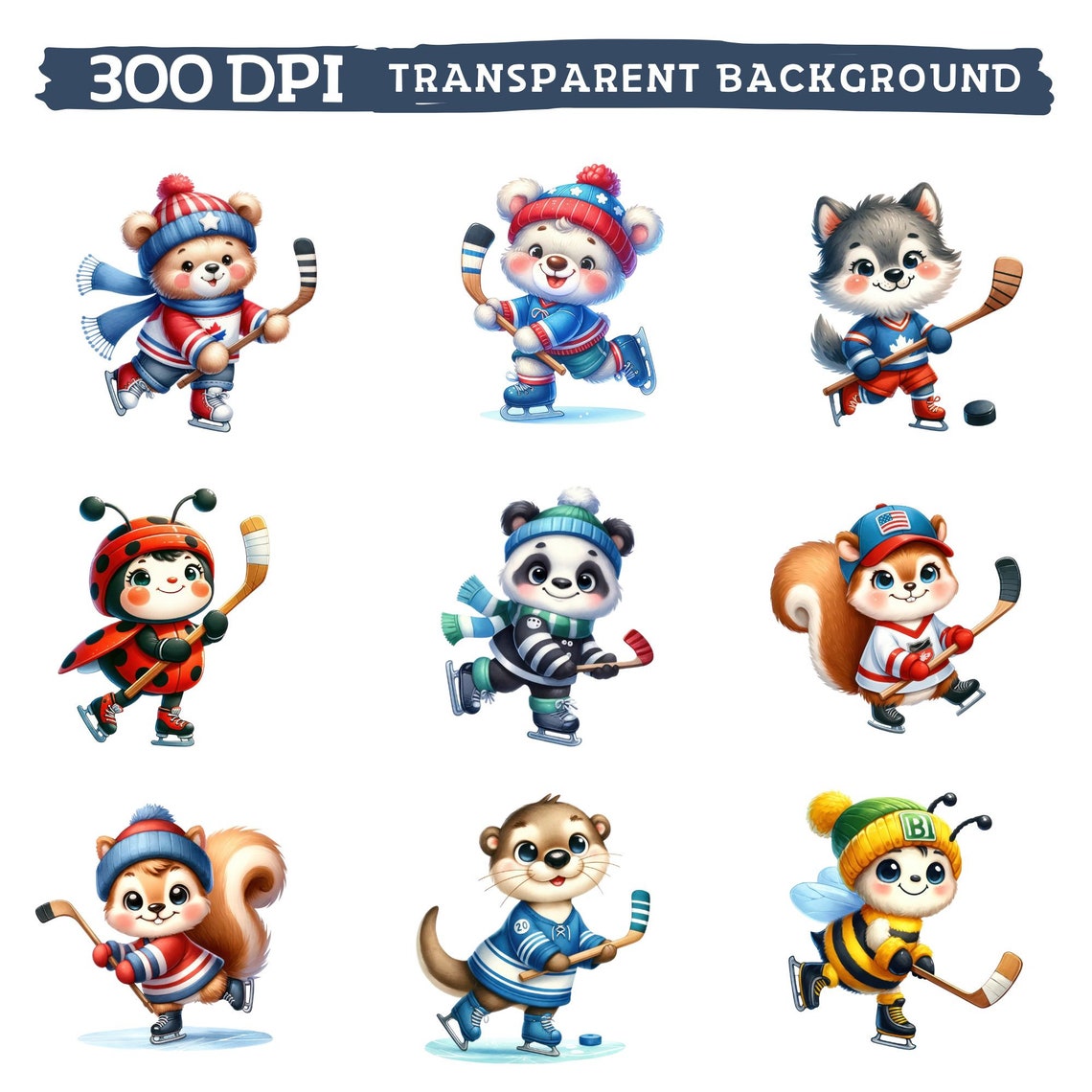 Hockey Animals Clipart, Watercolor Cute Cartoon Winter Sports Nursery ...