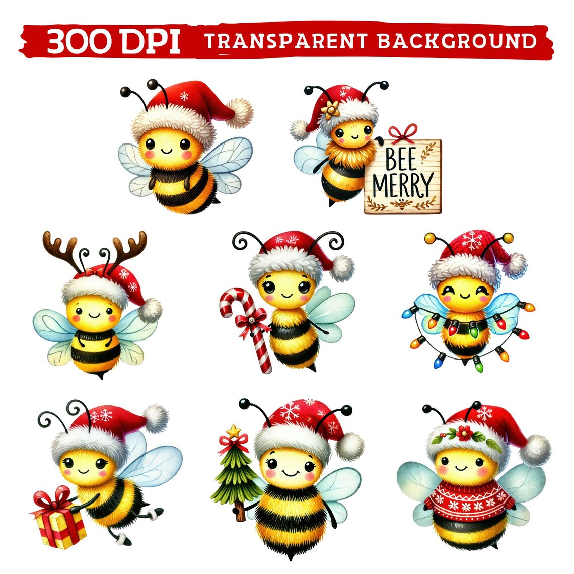 Christmas Bee Clipart, Watercolor Cute Holiday Bees, Nursery Decor ...