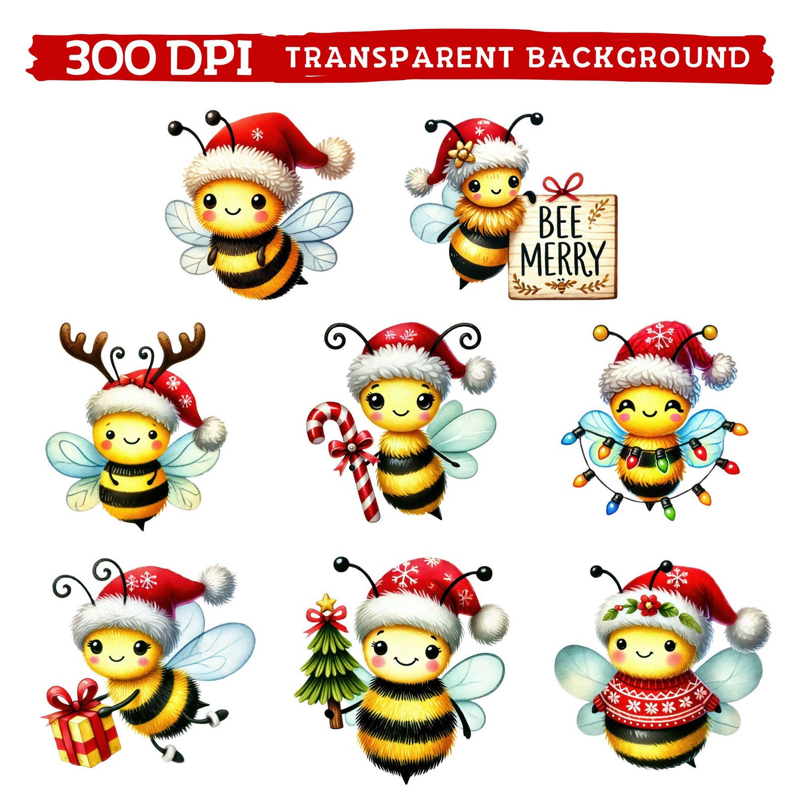 Christmas Bee Clipart, Watercolor Cute Holiday Bees, Nursery Decor ...