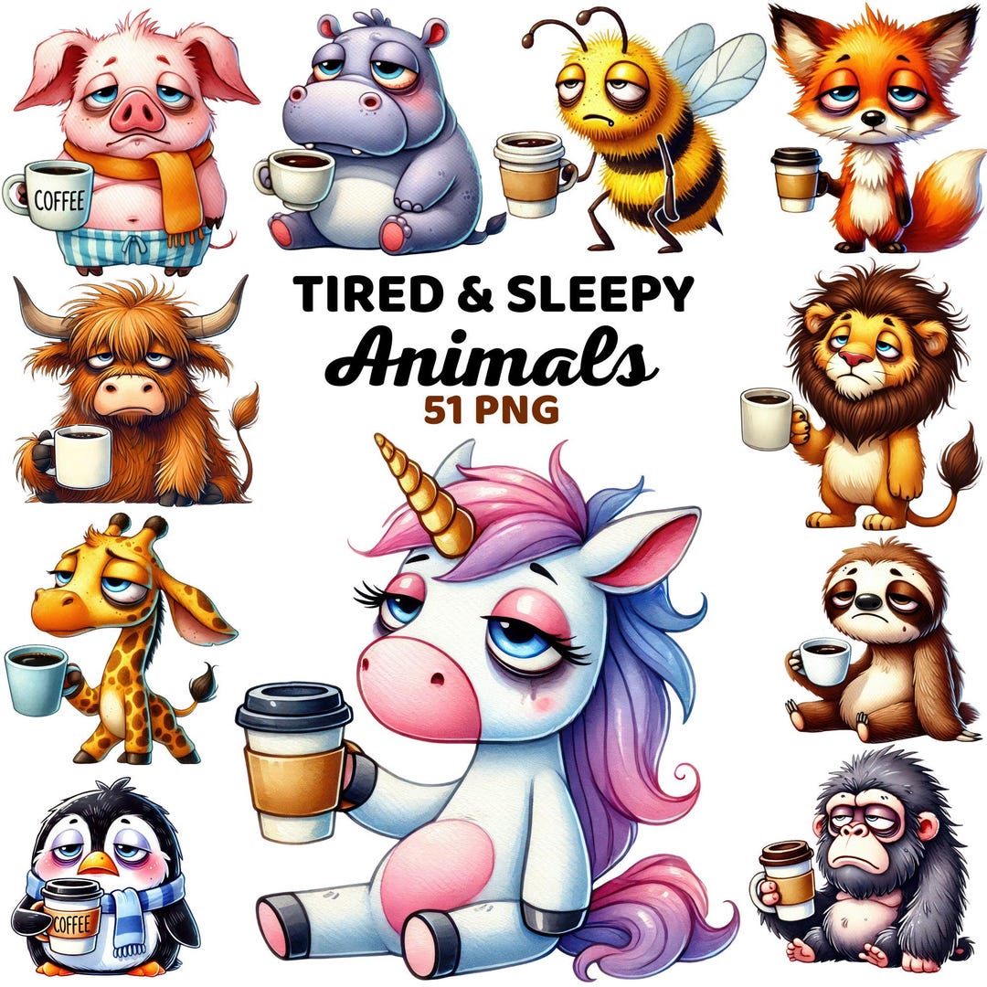 Tired Sleepy Animals Clipart, Watercolor Cute Coffee Drinking Animals ...