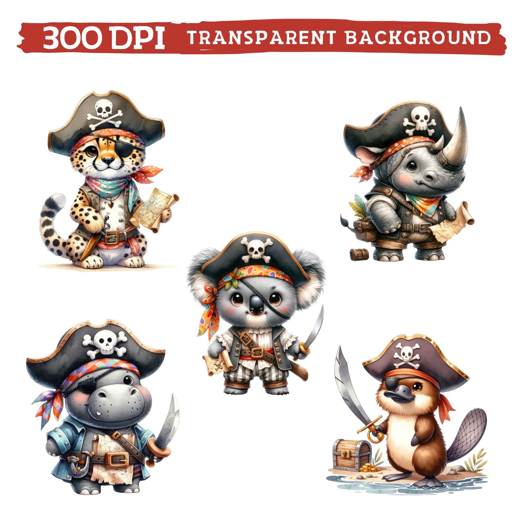 Watercolor Cute Pirate Animals Clipart, Pirate Baby Animal Nursery ...