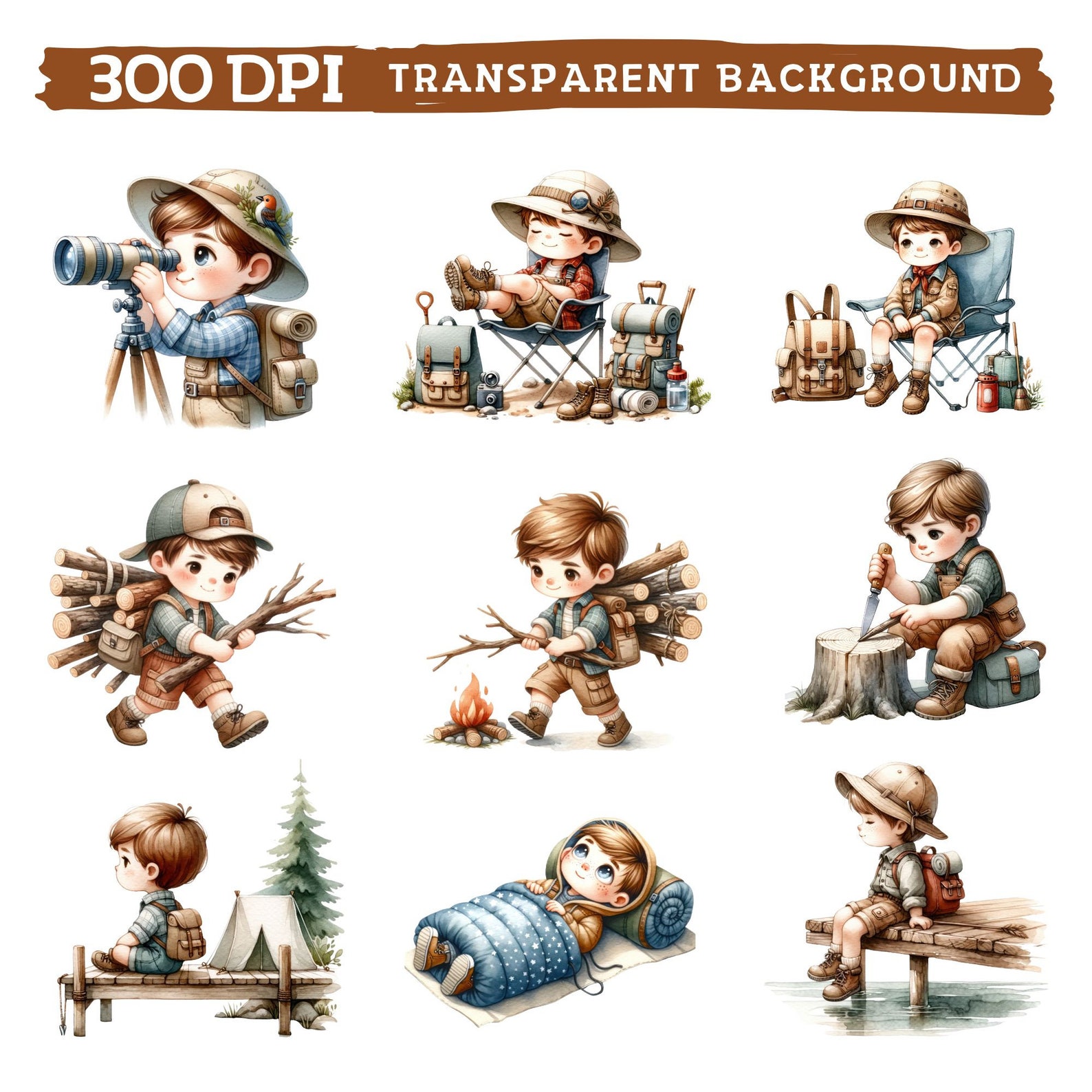 Adorable Camping Boy Clipart Collection, Watercolor Cute Camper Nursery ...