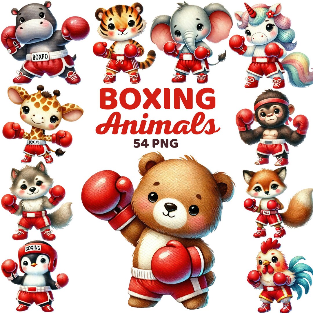 Boxing Animal Clipart, Watercolor Cute Fighter Nursery Decor, Red ...