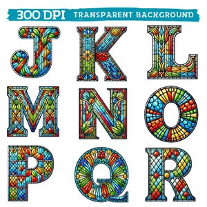 Stained Glass Alphabet Clipart, Colorful Vintage Letters & Numbers ...