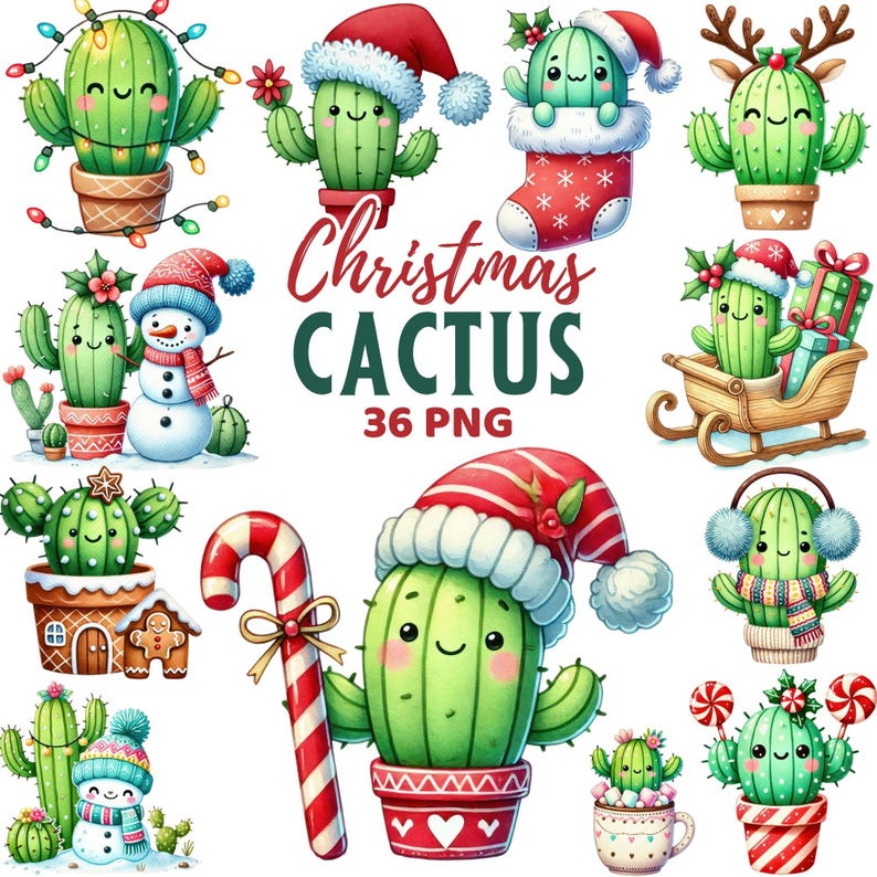 Cactus Christmas Clipart, Watercolor Holiday Plant, Festive Santa ...