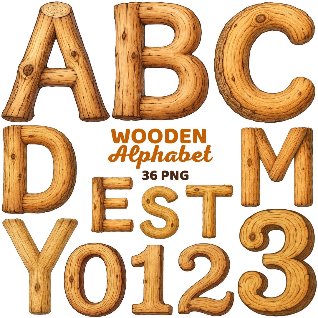 Wooden Alphabet Clipart, Rustic Letters, Nature Forest Lumberjack ...