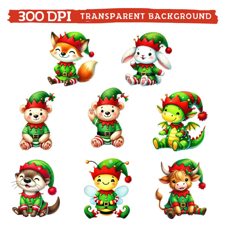 Elf Animals Clipart, Watercolor Cute Festive Xmas Nursery Decor ...