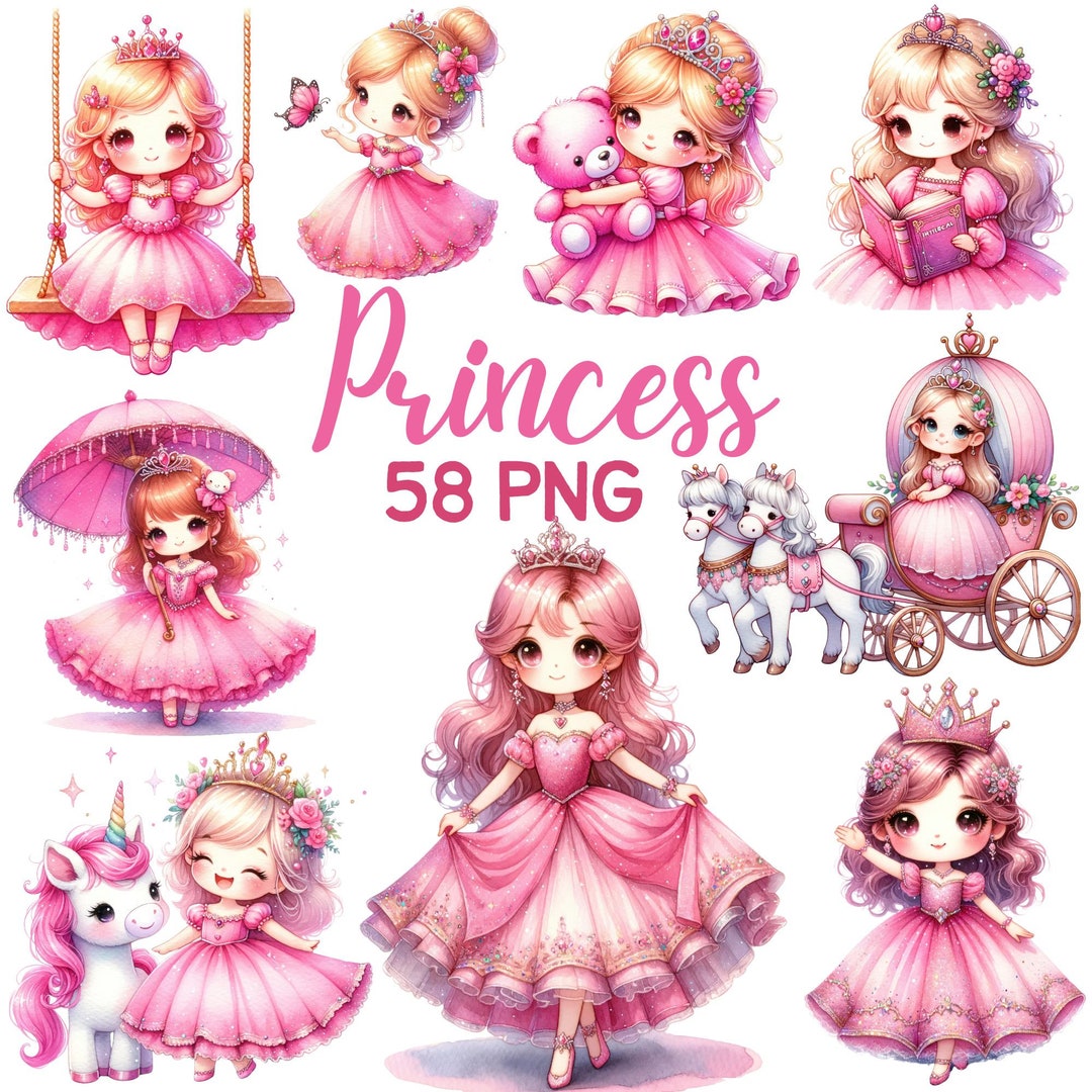 Watercolor Cute Princess Clipart, Little Princess Pink Ball Gown Party ...