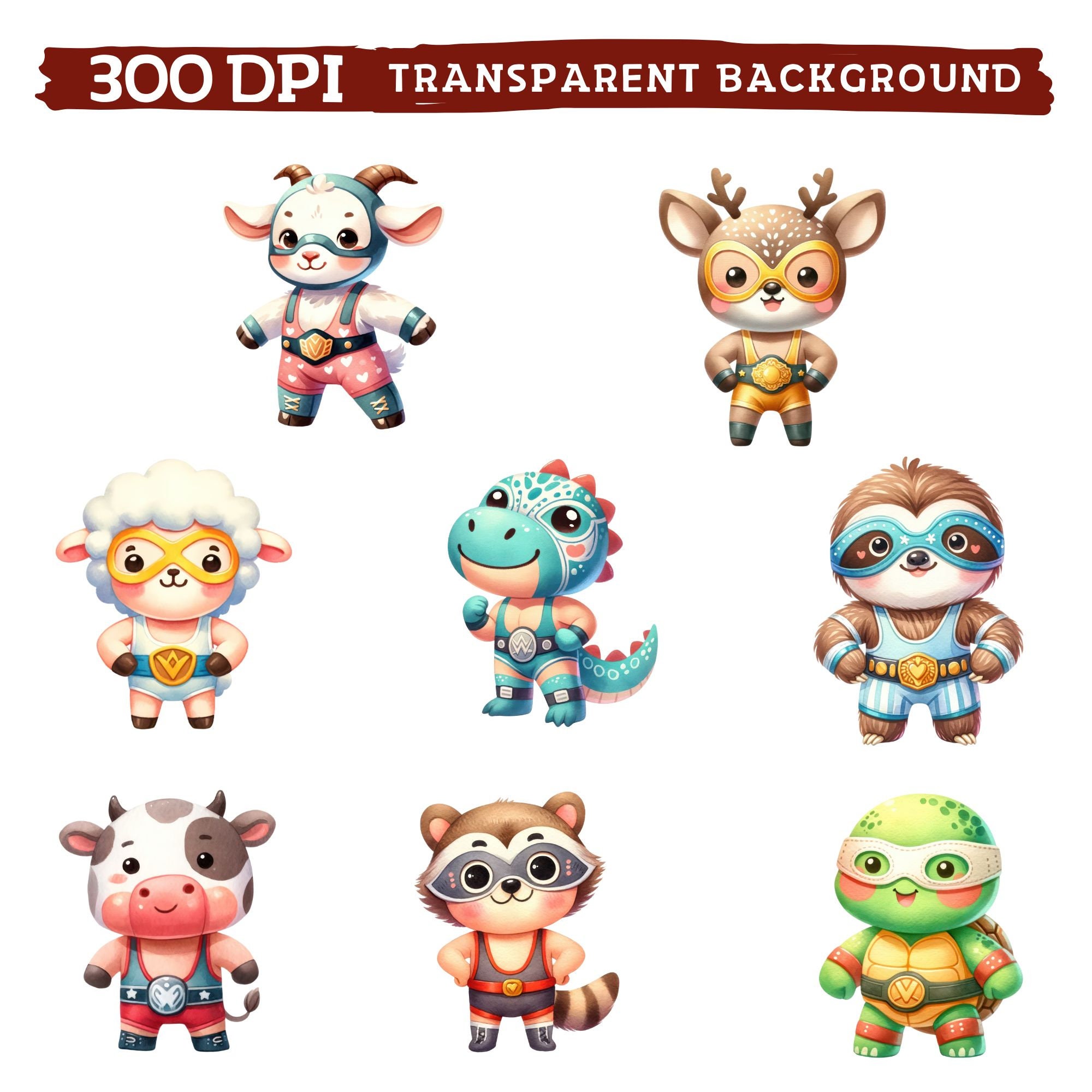 Wrestling Animals Clipart, Watercolor Cute Cartoon Sports Nursery ...