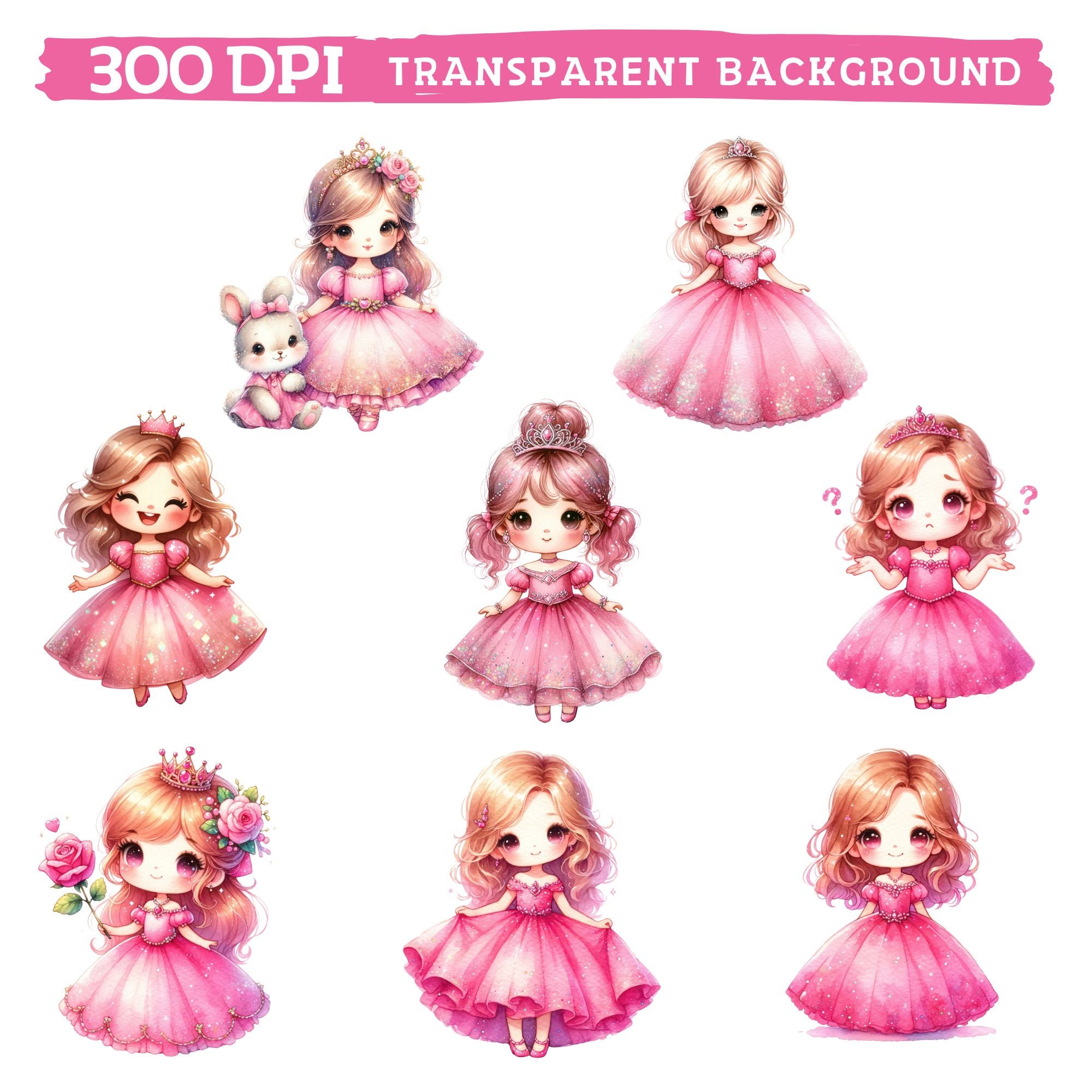 Watercolor Cute Princess Clipart, Little Princess Pink Ball Gown Party ...