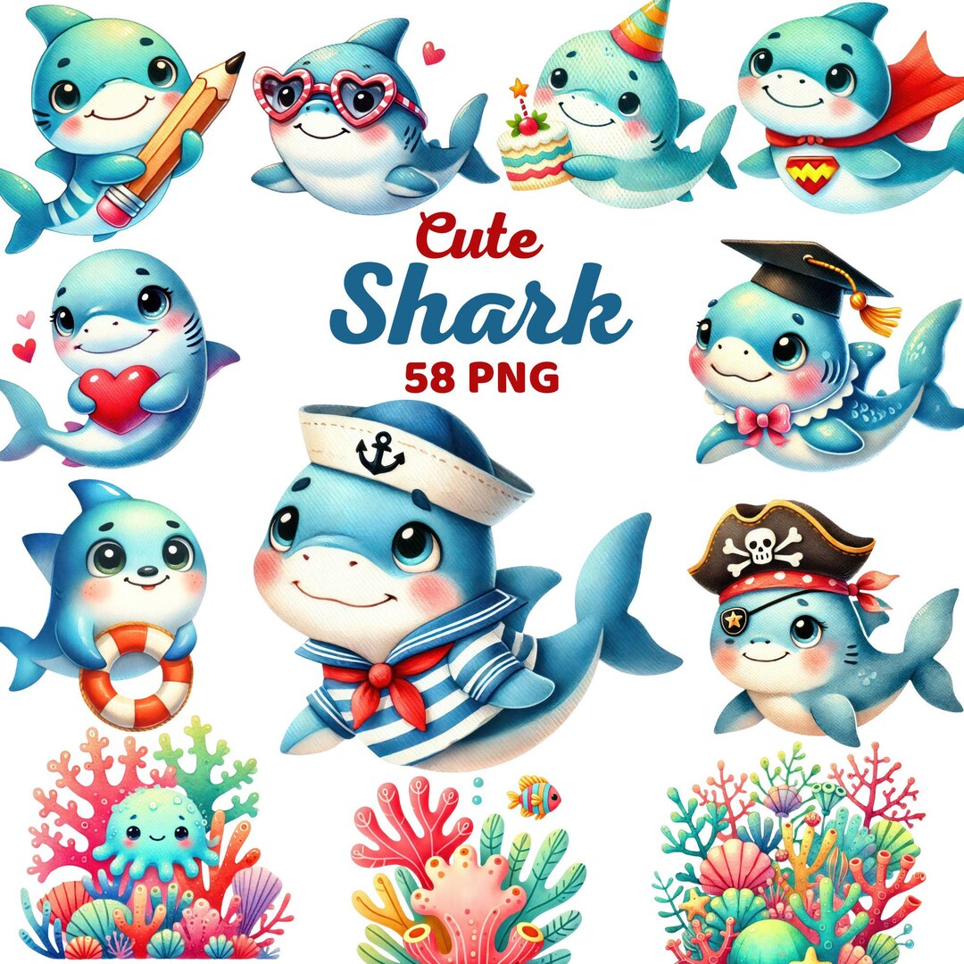 Cute Shark Clipart, Watercolor Ocean, Undersea Nursery Decor, Marine ...