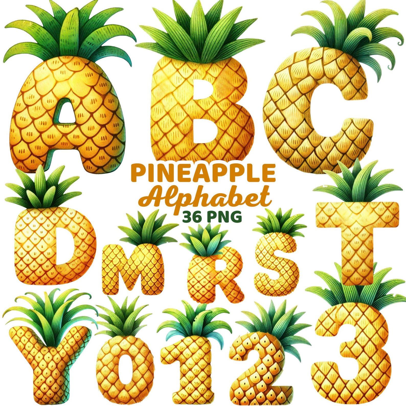 Pineapple Alphabet Clipart, Watercolor Tropical Letters and Numbers ...