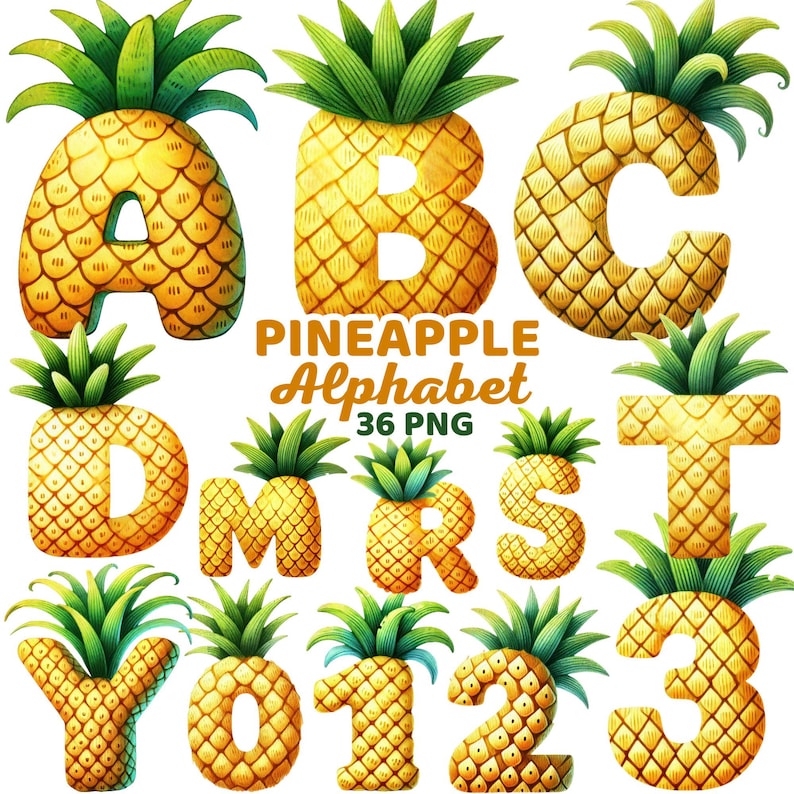 Pineapple Alphabet Clipart, Watercolor Tropical Letters and Numbers ...