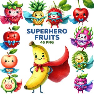 Superhero Fruit Clipart, Watercolor Cute Healthy Food, Kids Classroom ...