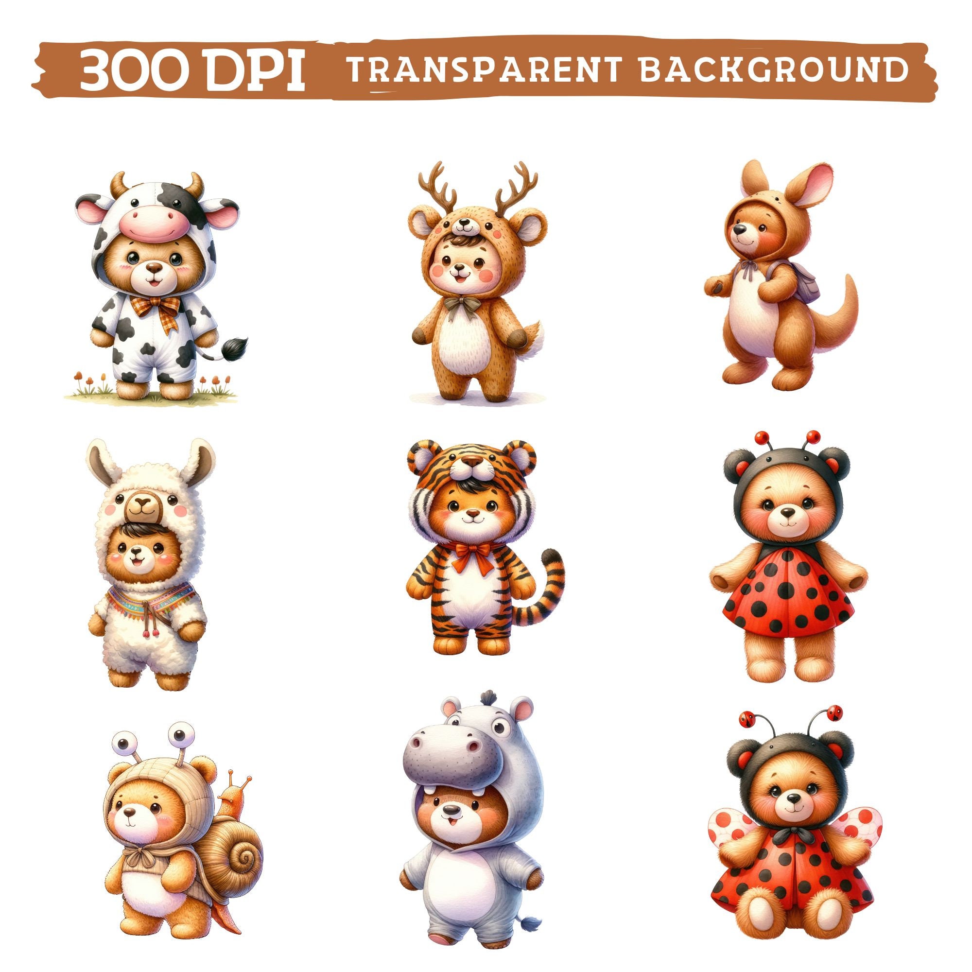 Cute Bear in Costume Clipart, Watercolor Adorable Animal Dress-up ...