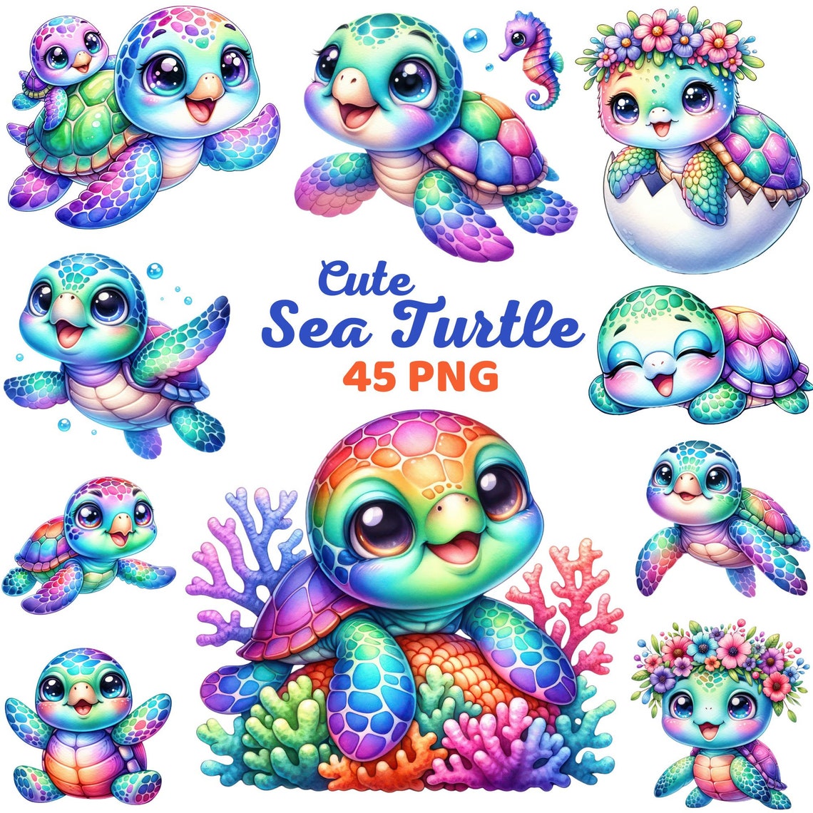 Cute Sea Turtles Clipart, Watercolor Sea Turtle Nursery, Marine Life ...