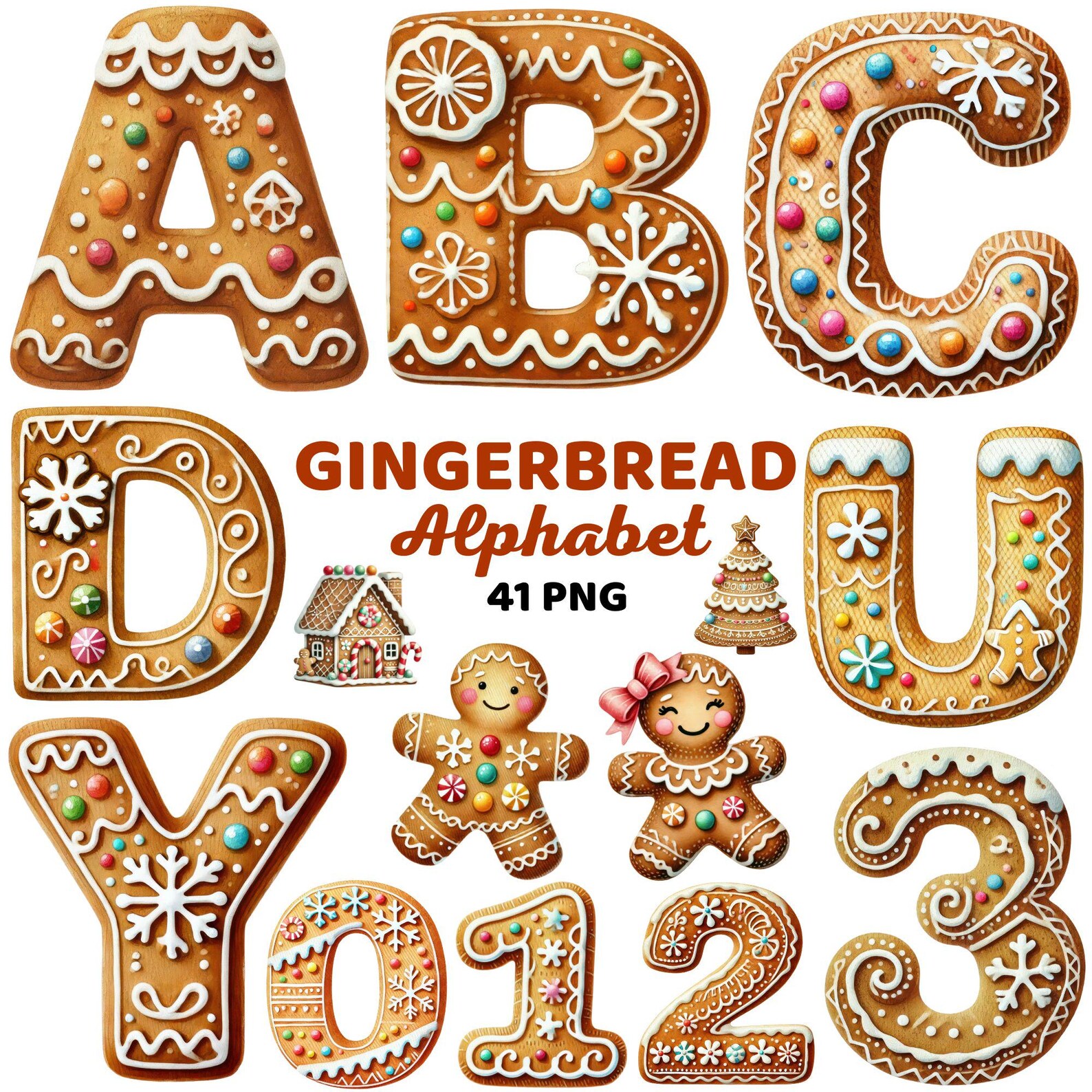 Gingerbread Alphabet Clipart, Christmas Letters & Numbers, Holiday ...