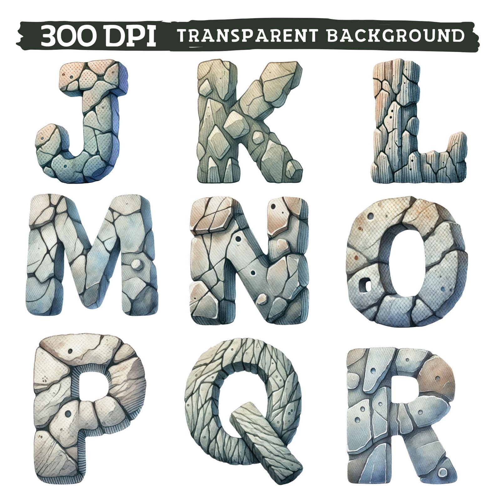 Rock Alphabet Clipart, Stone Letters & Numbers, Cracked Rock ...
