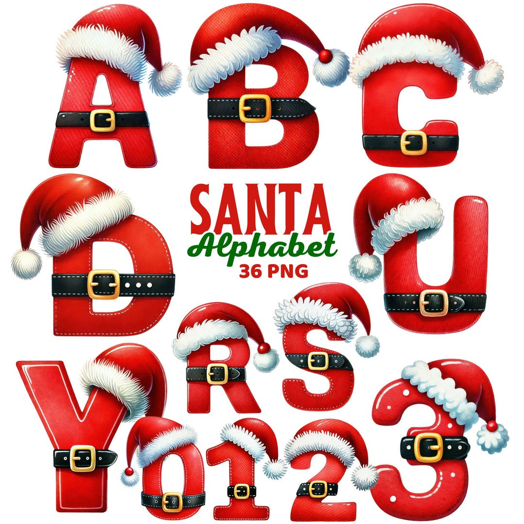 Santa Alphabet Clipart, Watercolor Christmas Xmas Letters & Numbers ...