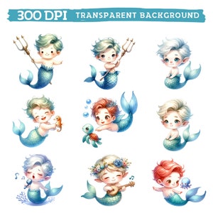 Adorable Merman Clipart Bundle, Watercolor Kid-friendly Mermaid Nursery ...