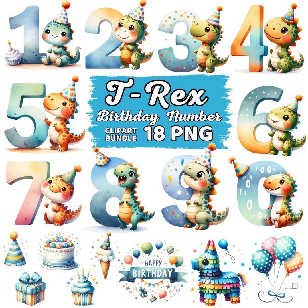 Watercolor Cute Dinosaur Birthday Number Clipart, Dinosaur Nursery Png ...