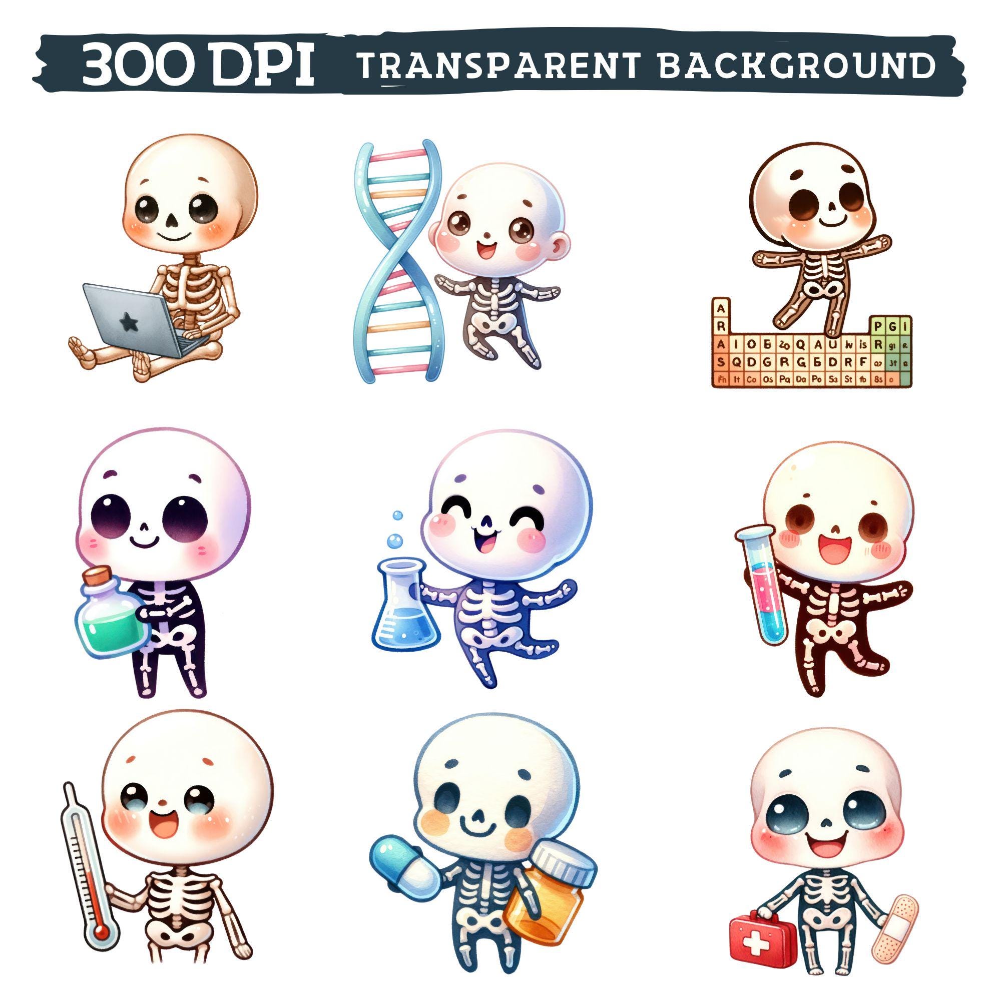 Cute Skeleton Clipart, Watercolor Educational Nursery, Spooky, Funny ...