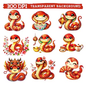 Chinese New Year Snake Clipart, Watercolor Red Gold Snake, HNY 2025 ...