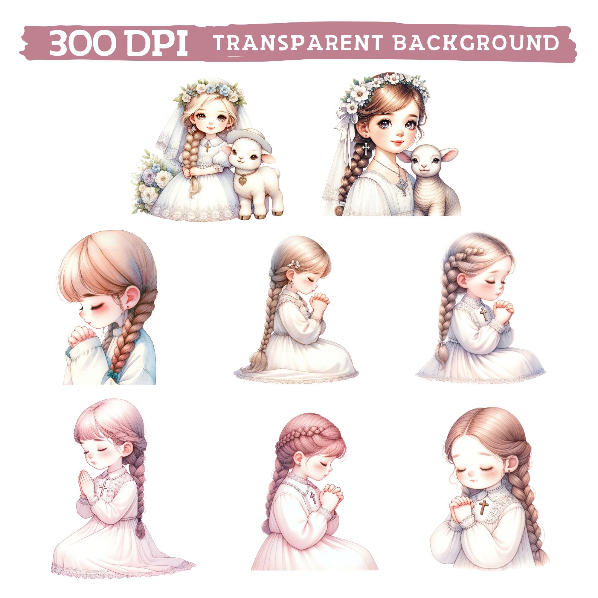 Cute First Communion Clipart, Watercolor Girl Praying, Lamb, Girl ...