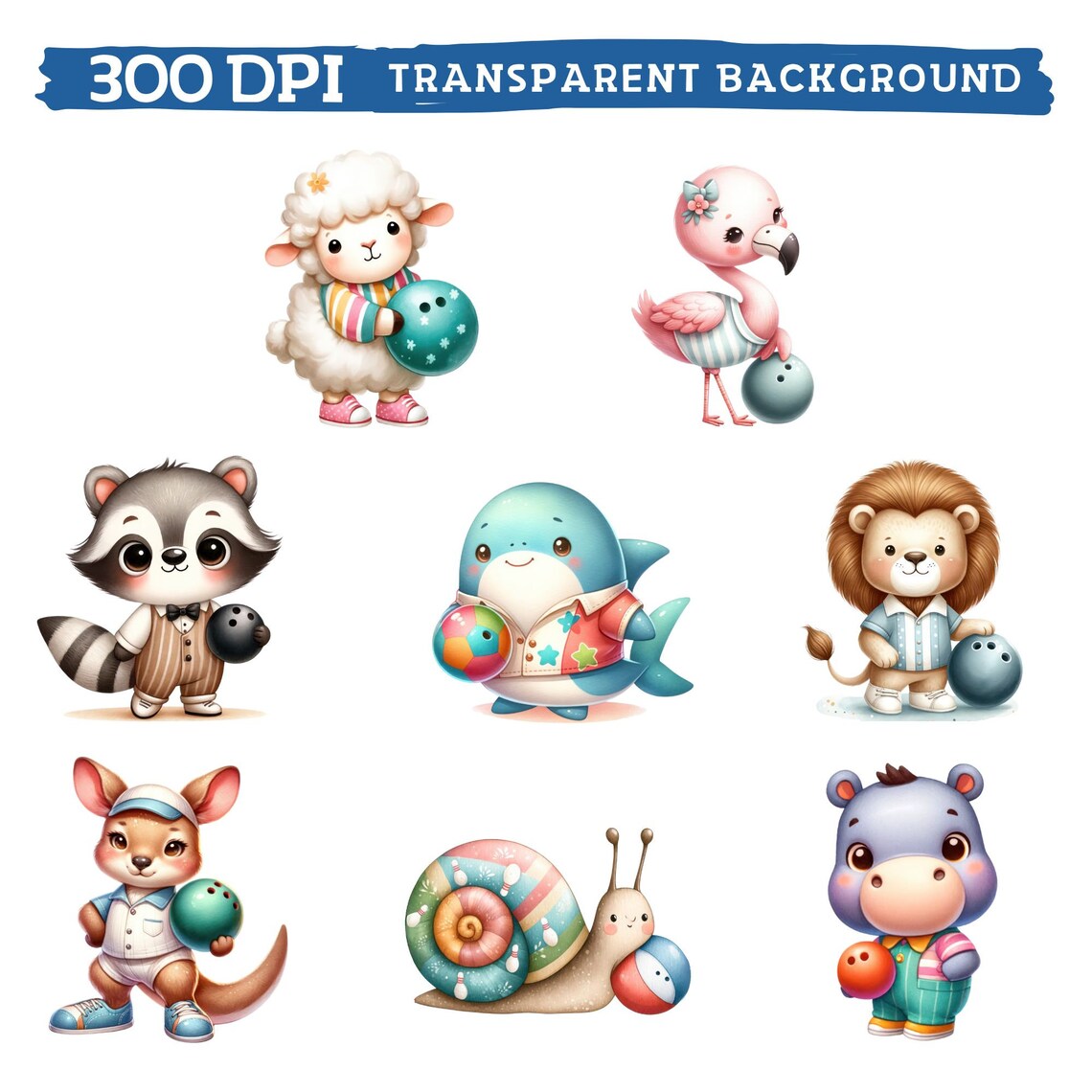 Cute Bowling Animals Clipart, Watercolor Cute Cartoon Bowler Nursery ...