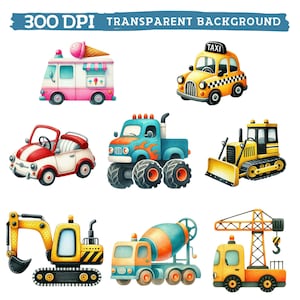 Cute Vehicle Clipart, Watercolor Car, Construction, Truck, Plane ...