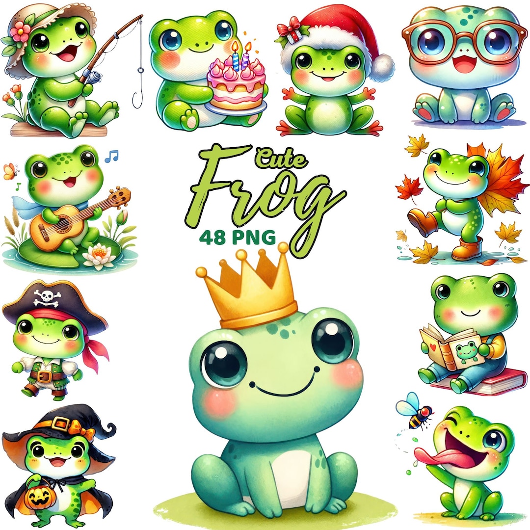 Cute Frog Clipart, Watercolor Green Frogs Nursery, Summer Fall Birthday ...