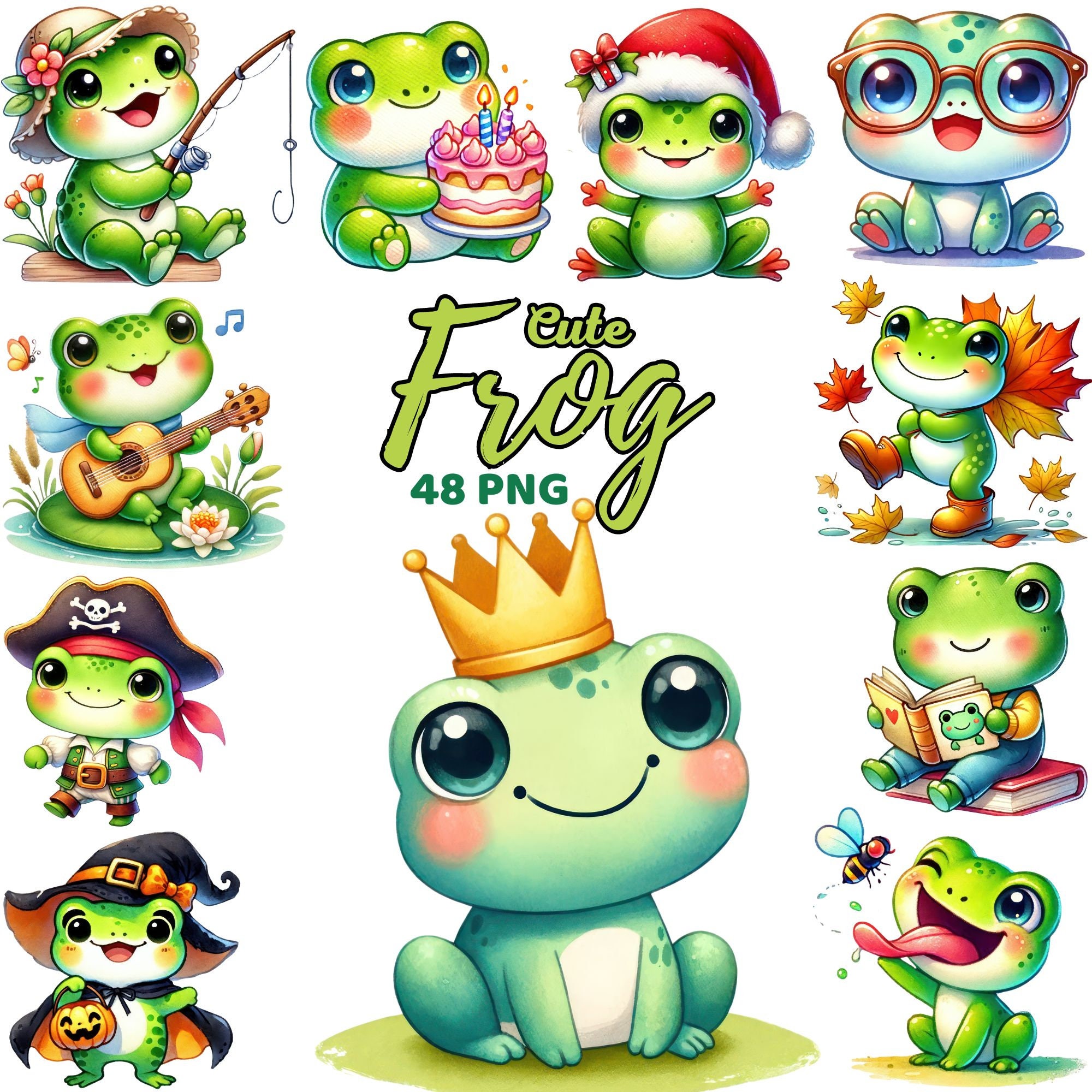 Cute Frog Clipart, Watercolor Green Frogs Nursery, Summer Fall Birthday ...