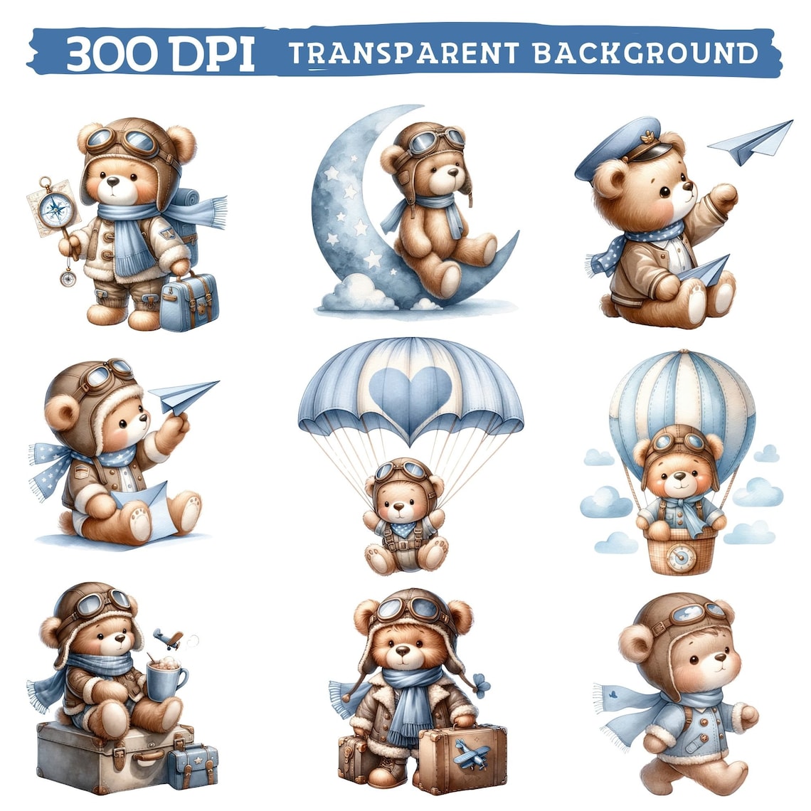 Watercolor Cute Aviator Bear Clipart, Boy Nursery Aircraft Helicopter ...