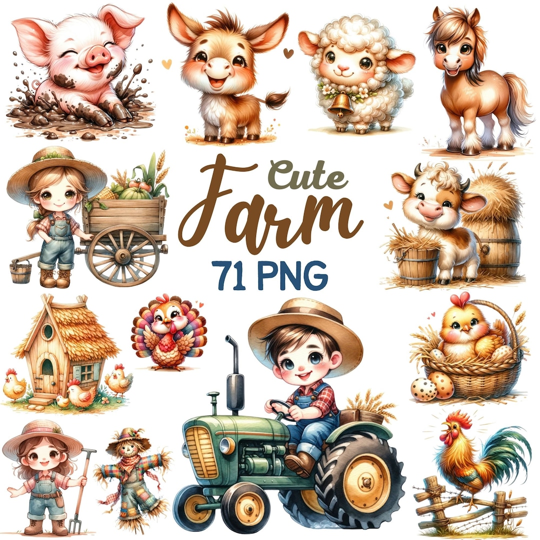 Watercolor Cute Farm Clipart, Farm Animals Nursery Sublimation, Farm ...