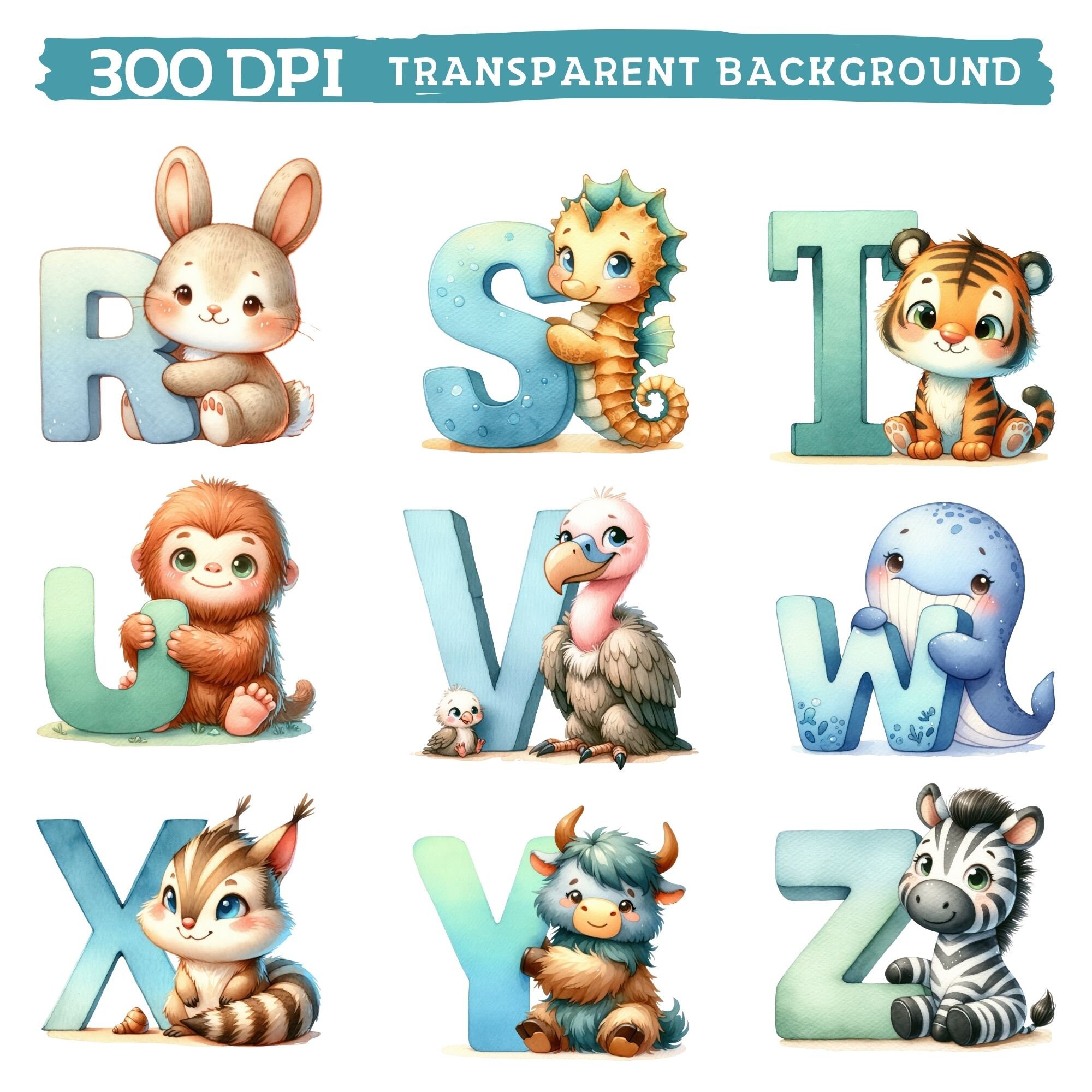 Watercolor Cute Animal Alphabet Clipart, Student Teacher Nursery ...