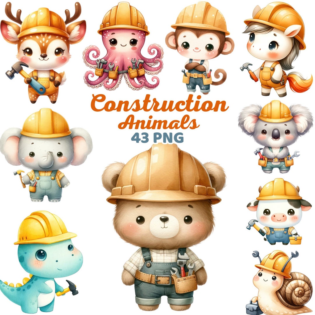 Cute Construction Animals Clipart, Watercolor Builder Animals Nursery ...