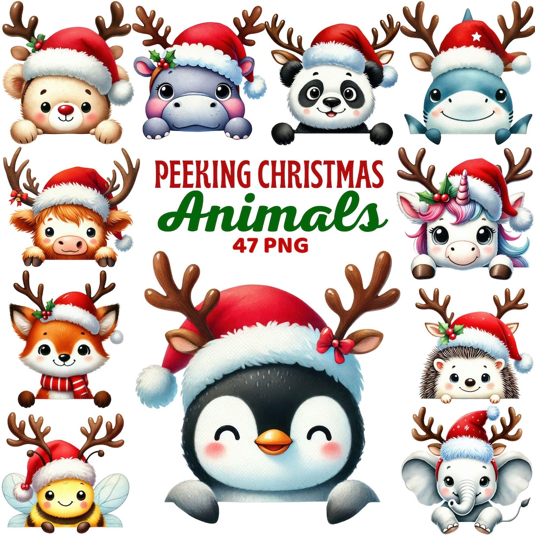 Peeking Christmas Animals Clipart, Watercolor Cute Holiday Animal Face ...