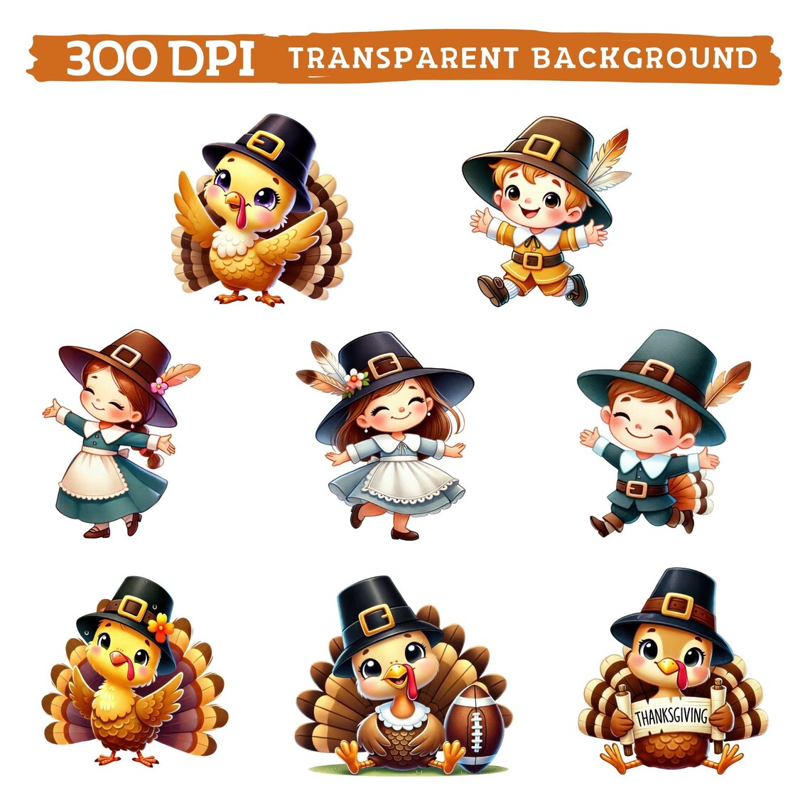 Watercolor Thanksgiving Clipart, Cute Pilgrims, Turkey, Wreath Autumn ...