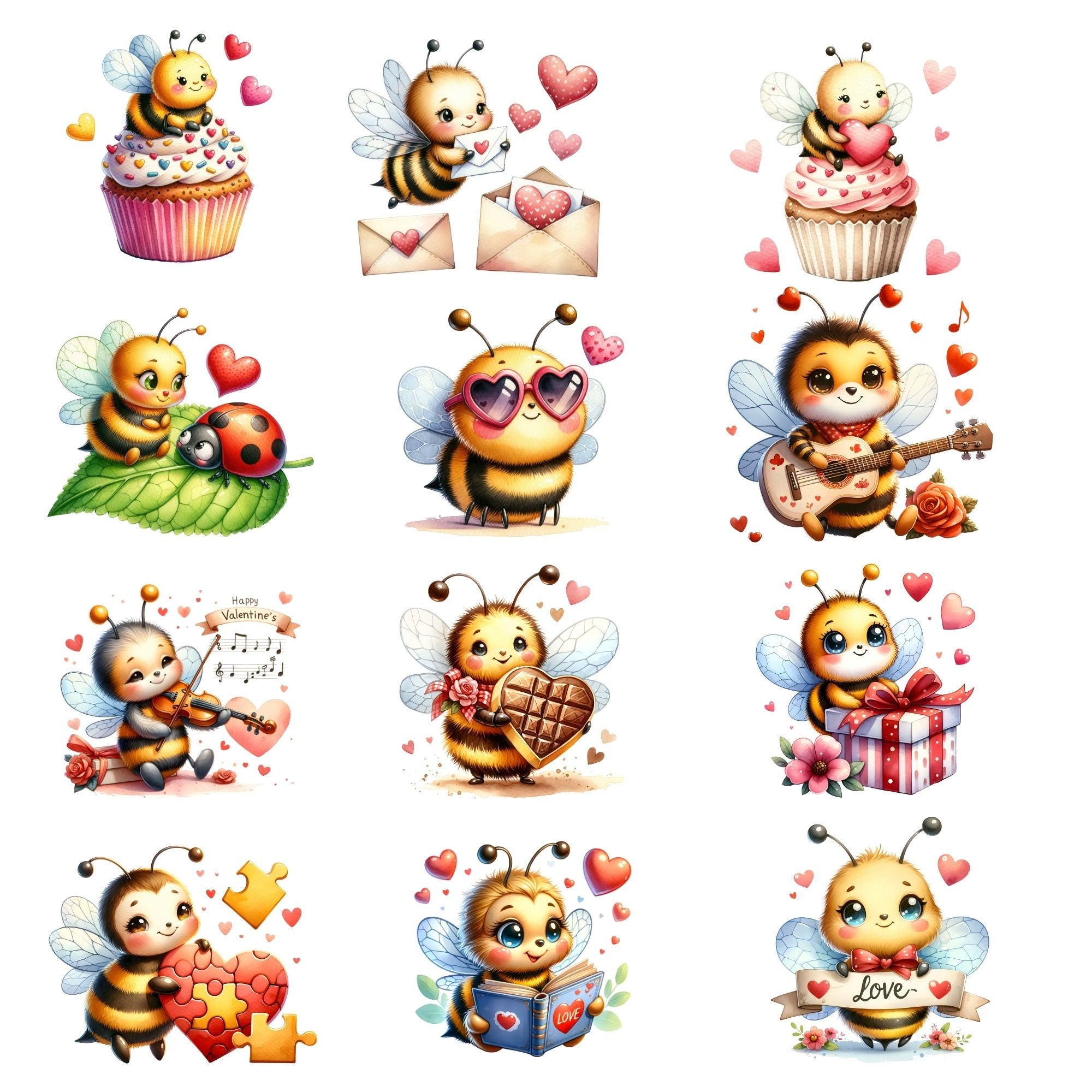 Watercolor Bees Valentine Clipart Png, Bees Valentine, Love Bee Clipart ...