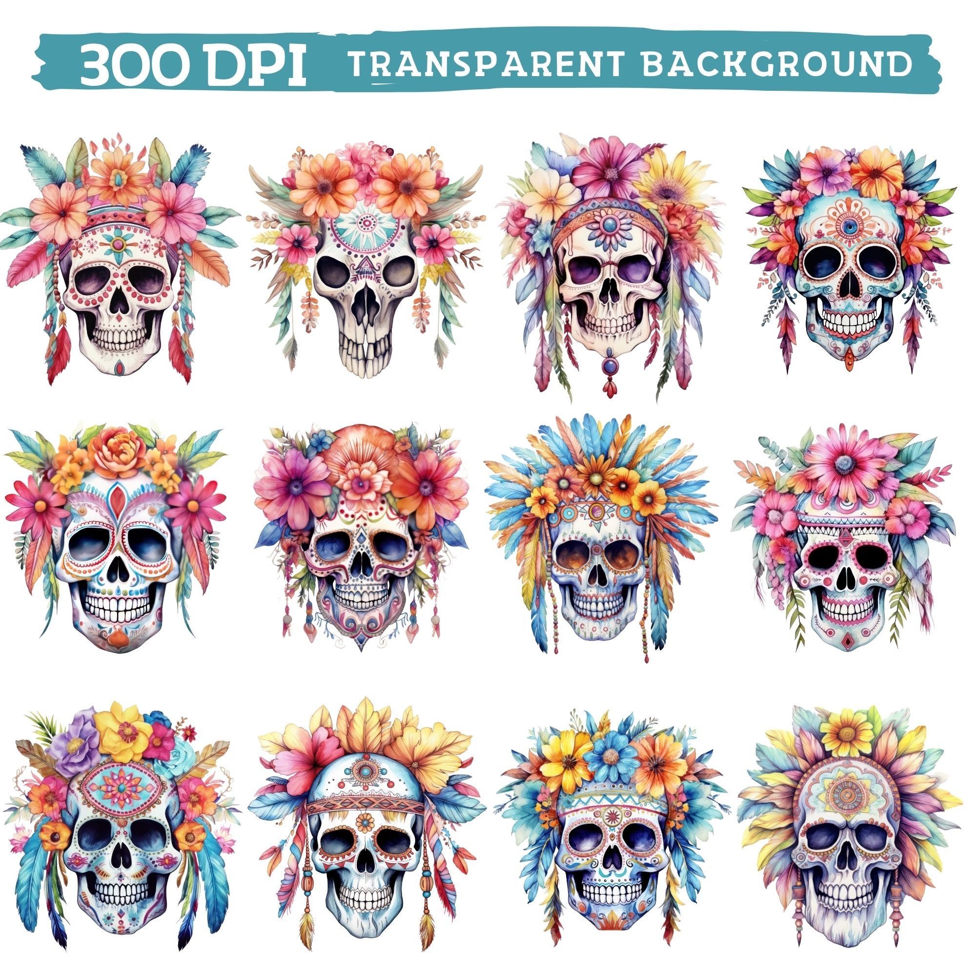 Watercolor Boho Skull Feather Western Florals Clipart, Skull Flower ...