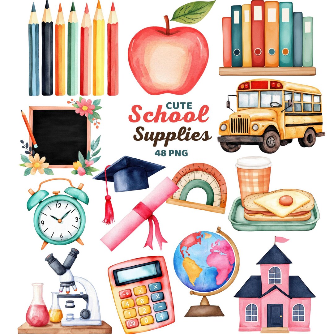 Cute School Supplies Clipart, Watercolor Back to School Classroom for ...
