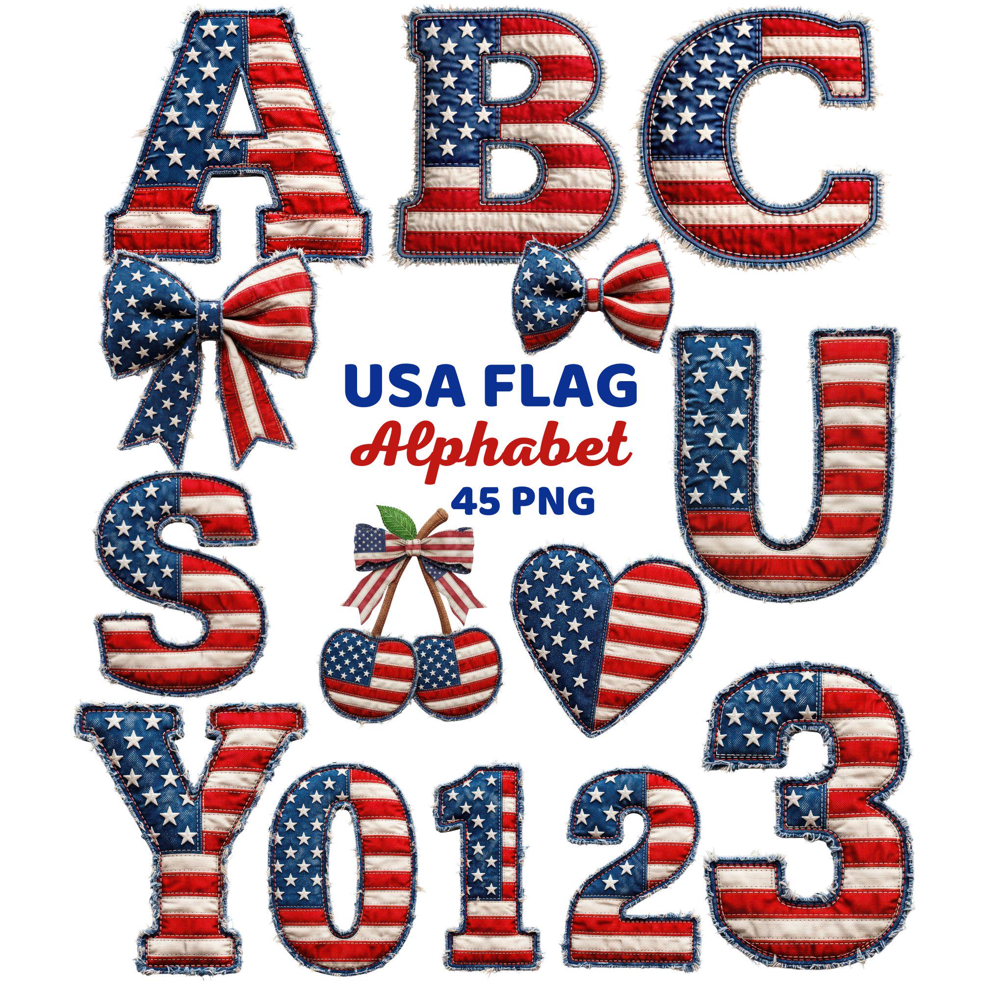 USA Flag Alphabet Clipart, Patriotic Letters ABC 4th of July Fabric ...