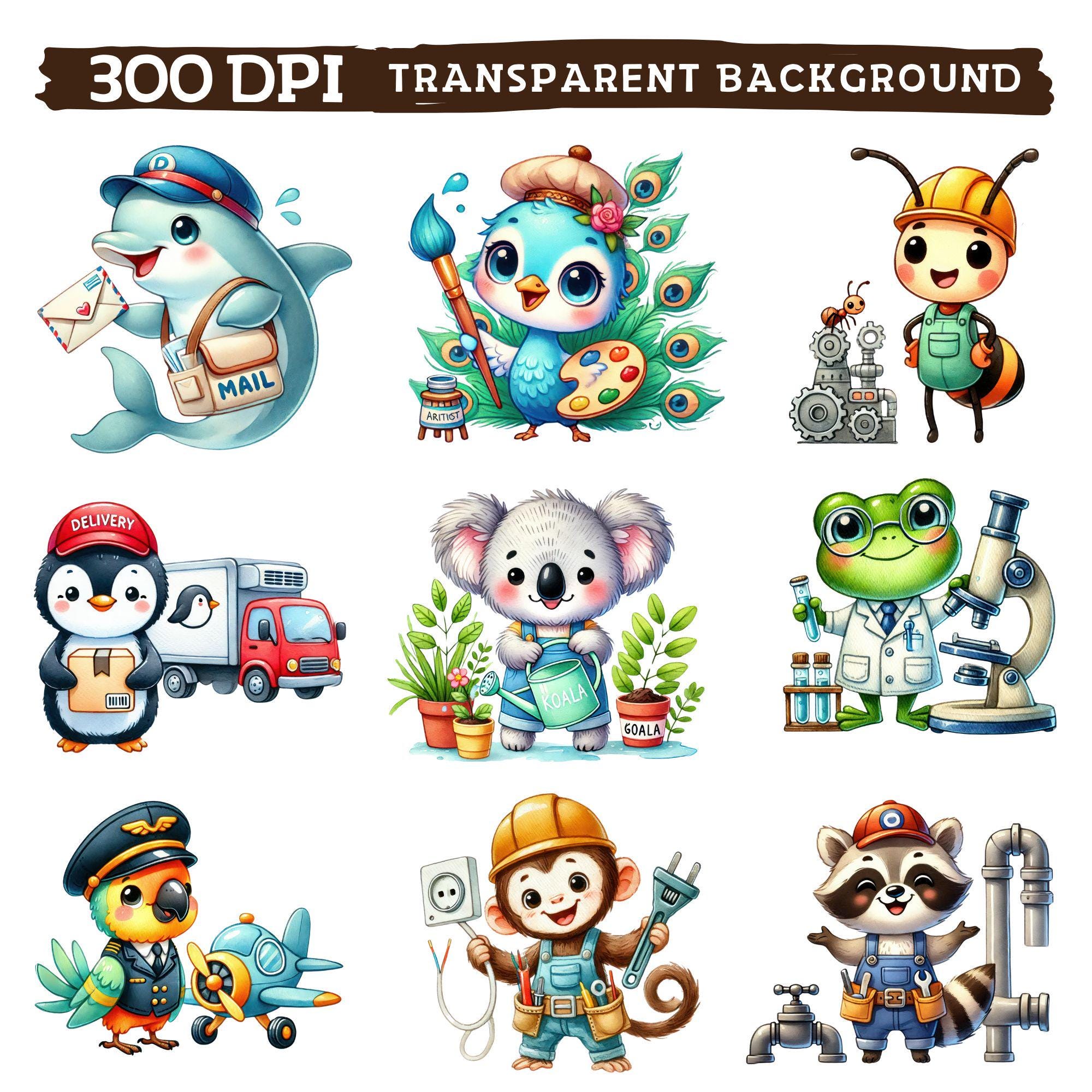Labor Day Animals Clipart, Watercolor Cute Animal Workers, Occupation ...