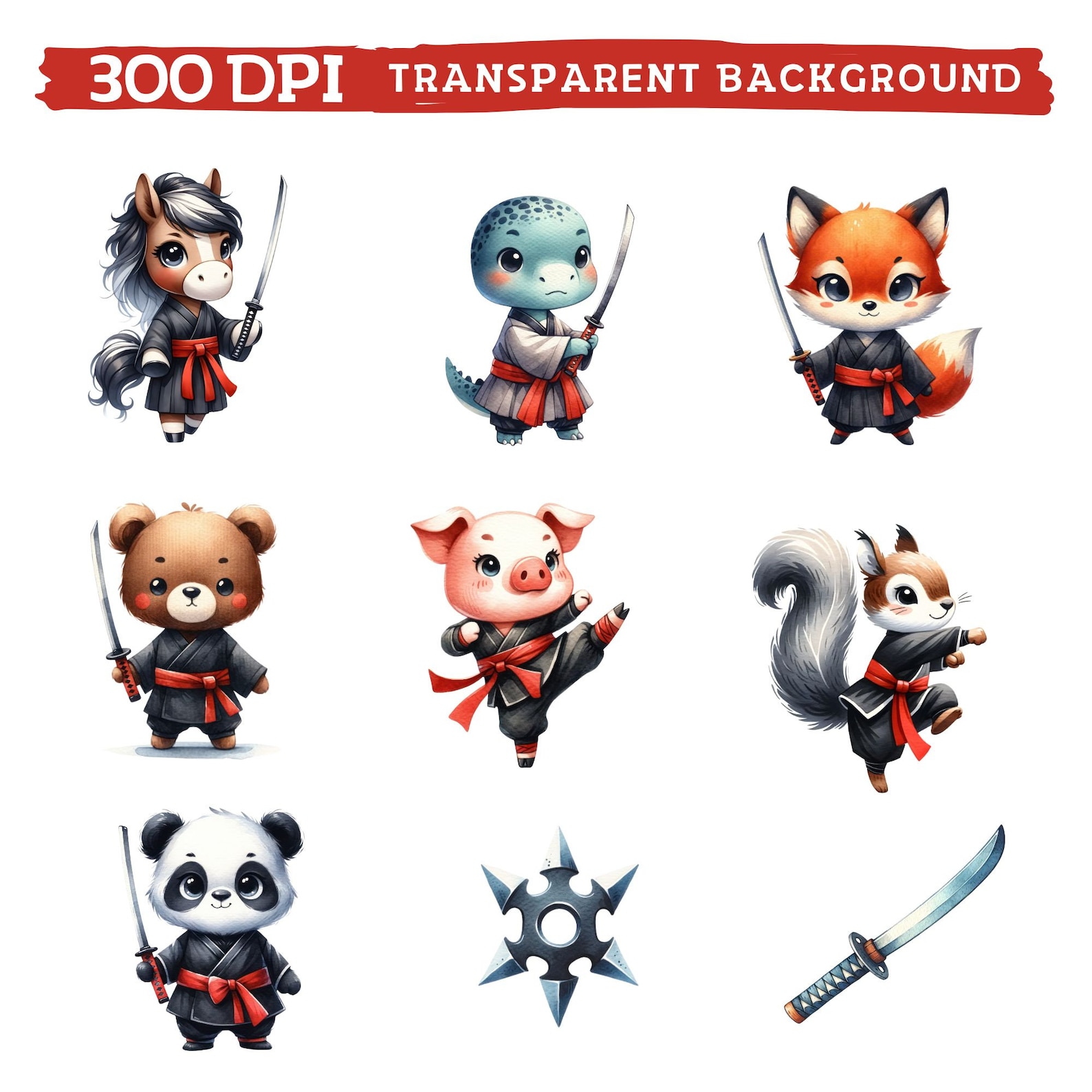 Watercolor Cute Ninja Animals Clipart, Ninja Animal Nursery, Ninja ...