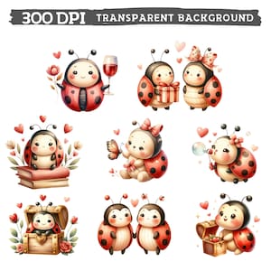 Watercolor Cute Ladybug Valentine Clipart, Ladybug Romantic Valentine's ...
