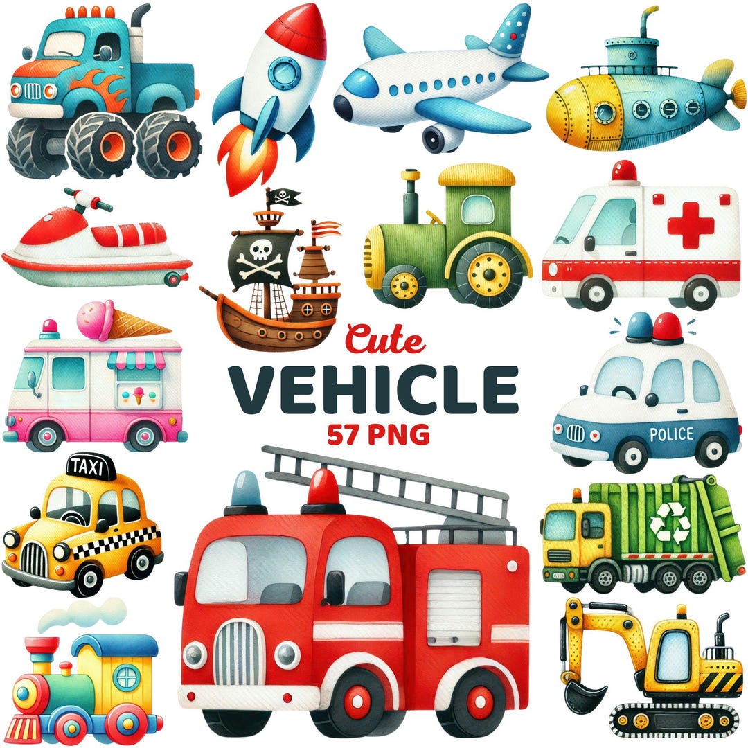 Cute Vehicle Clipart, Watercolor Car, Construction, Truck, Plane ...