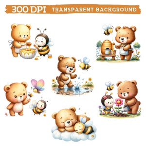 Watercolor Cute Bear and Bee Clipart, Bee Bear Spring Friend Nursery ...
